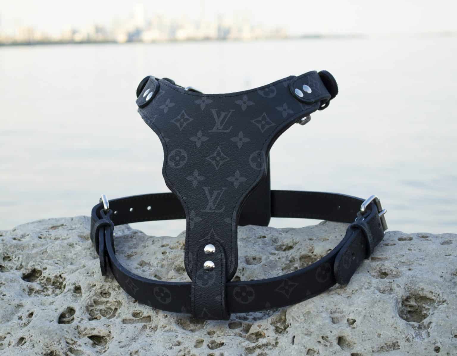 Designer Inspired Monogram Harness 100% Buffalo Leather dog collars